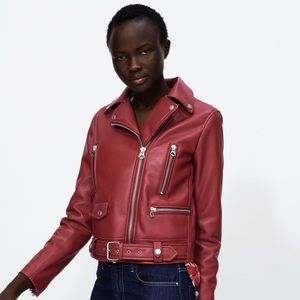 Zara | Jackets & Coats | Zara Red Leather Moto Biker Jacket | Poshmark